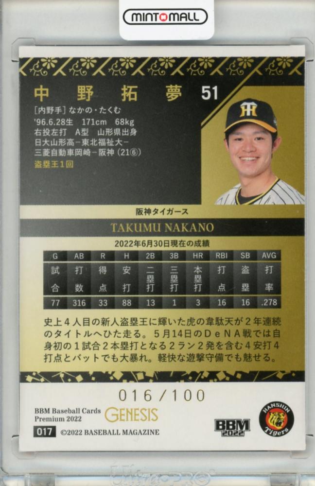ミントモール / MINT 渋谷店 / 2022 BBM BASEBALL CARDS PREMIUM GENESIS 中野拓夢 016/100