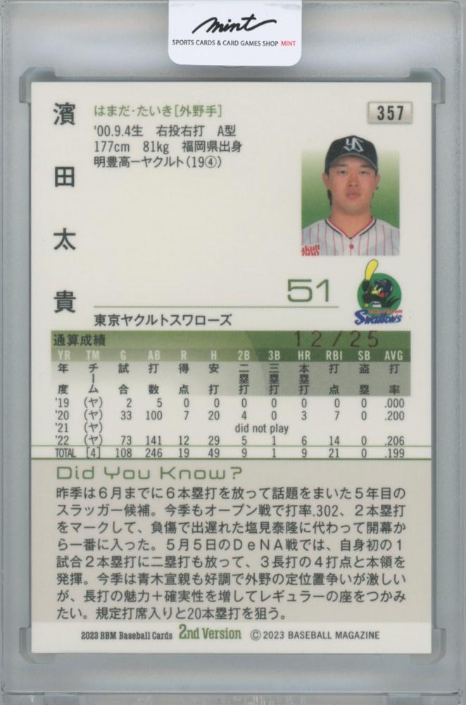ミントモール / MINT 横浜店 / 2023 BBM 2nd Version / 濱田太貴(東京ヤクルトスワローズ) 赤箔サインパラレルカード 【12/25】