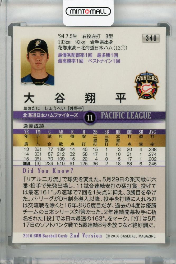 ミントモール / MINT 浦和店 / 2016 BBM 2nd version 北海道日本ハムファイターズ 大谷翔平 銀箔サインカード(パラレル版)