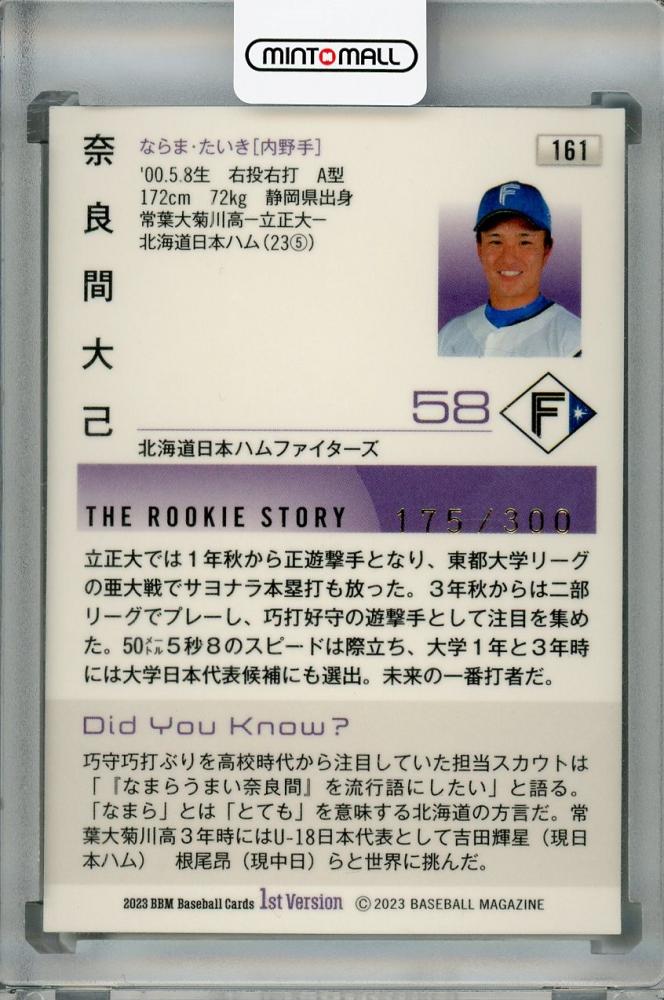 ミントモール / MINT 浦和店 / 2023 BBM 1st version 北海道日本ハムファイターズ 奈良間大己 レギュラーカード ルーキーパラレル銀紙版(パラレル版) 175/300