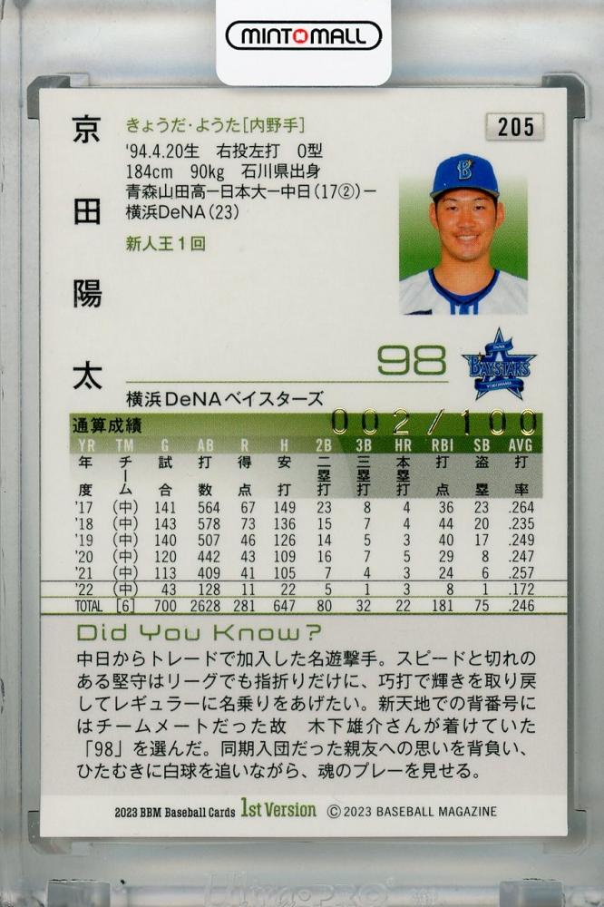 ミントモール / MINT 浦和店 / 2023 BBM 1st version 横浜DeNAベイスターズ 京田陽太 金箔サインカード(パラレル版) 002/100