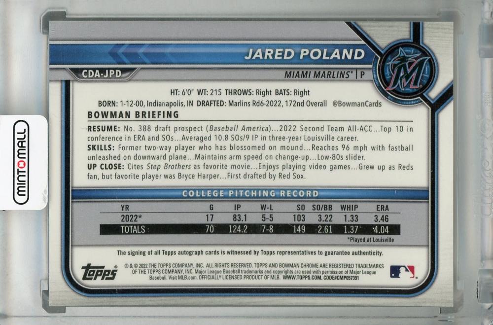 ミントモール / MINT 浦和店 / 2022 Topps Bowman Draft Miami Marlins Jared Poland Chrome Draft Pick Autographs