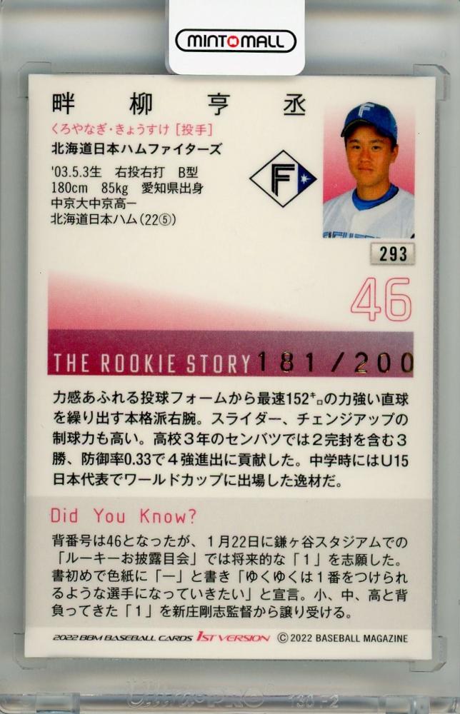 ミントモール / MINT 吉祥寺店 / 2022 BBM 1st Version 北海道日本ハムファイターズ ルーキーパラレル銀紙版 畔柳亨丞 【181/200】