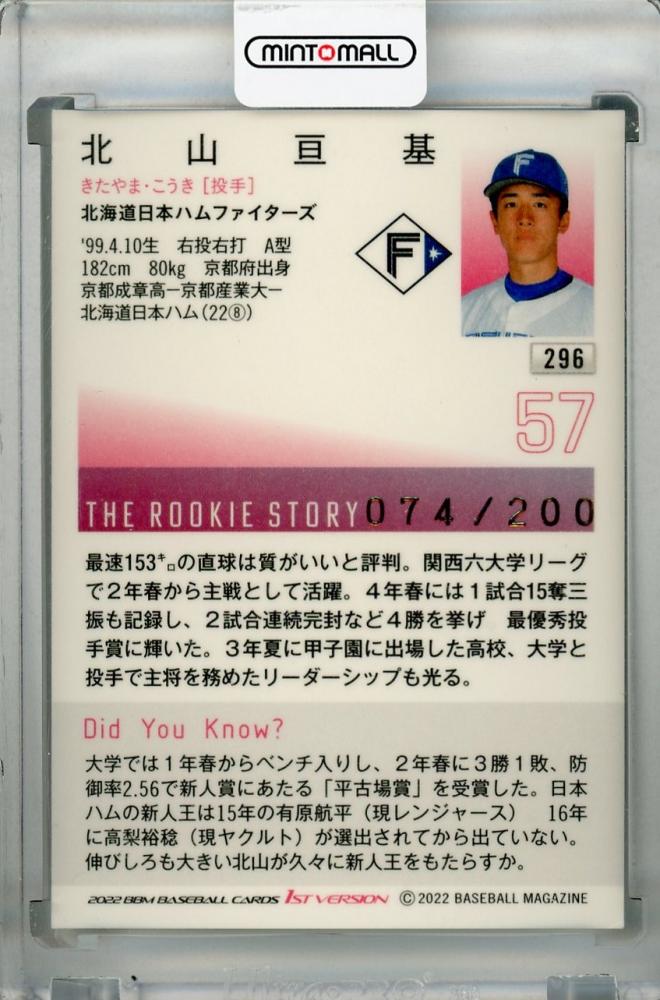 ミントモール / MINT 浦和店 / 2022 BBM 1st version 北海道日本ハムファイターズ 北山亘基 レギュラーカード ルーキーパラレル銀紙版(パラレル版) 074/200