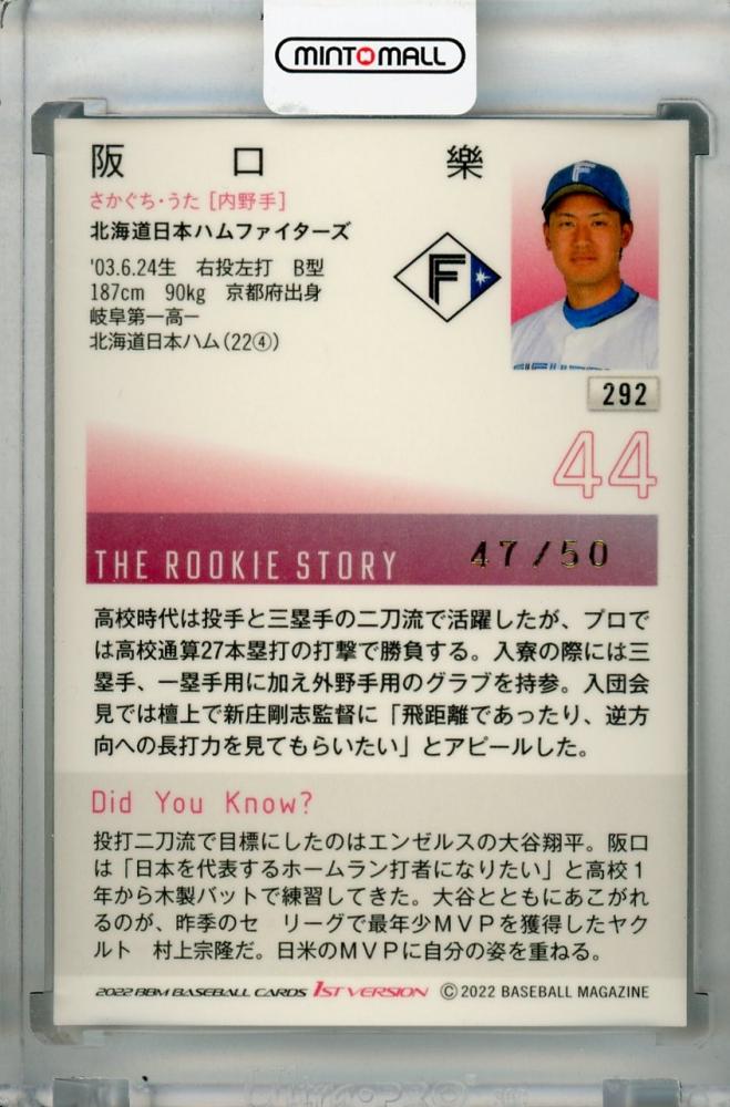 ミントモール / MINT 浦和店 / 2022 BBM 1st version 北海道日本ハムファイターズ 阪口樂 レギュラーカード ルーキーパラレル銀紙+キウイグリーン箔版(パラレル版 ...