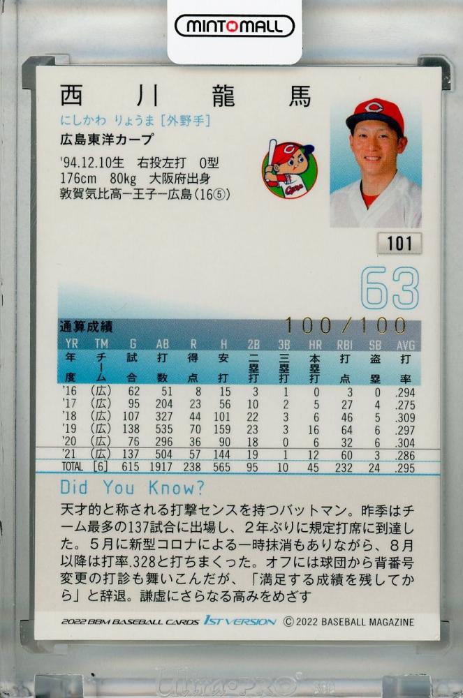 ミントモール / MINT 浦和店 / 2022 BBM 1st version 広島東洋カープ 西川龍馬 金箔サインカード (パラレル版)(Lastナンバー!) 100/100
