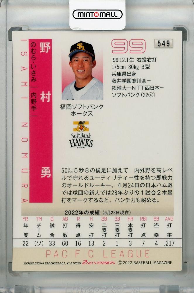 ミントモール / MINT 浦和店 / 2022 BBM 2nd version 福岡ソフトバンクホークス 野村勇 銀箔サインカード (RC)(パラレル版)