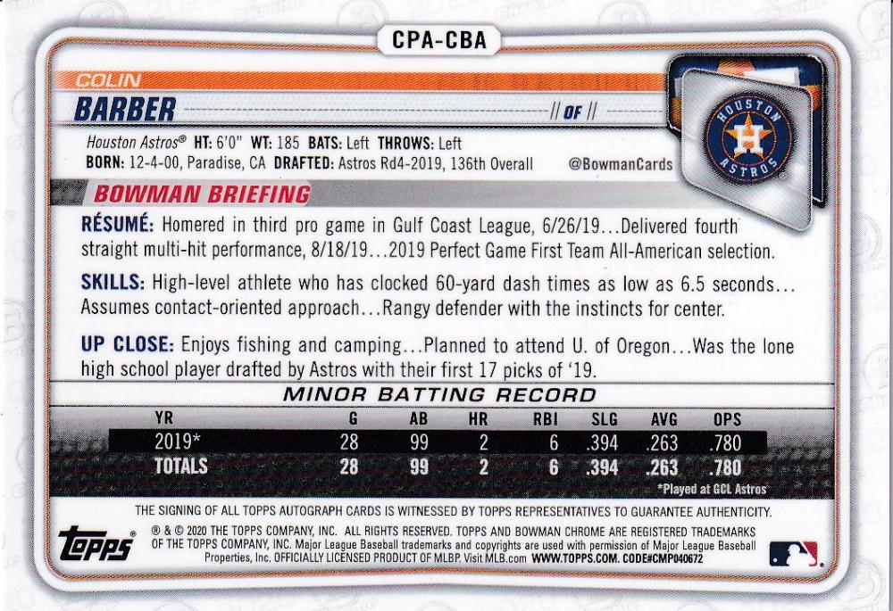 ミントモール / MINT 浦和店 / 2020 Topps Bowman Chrome Houston Astros Colin ...