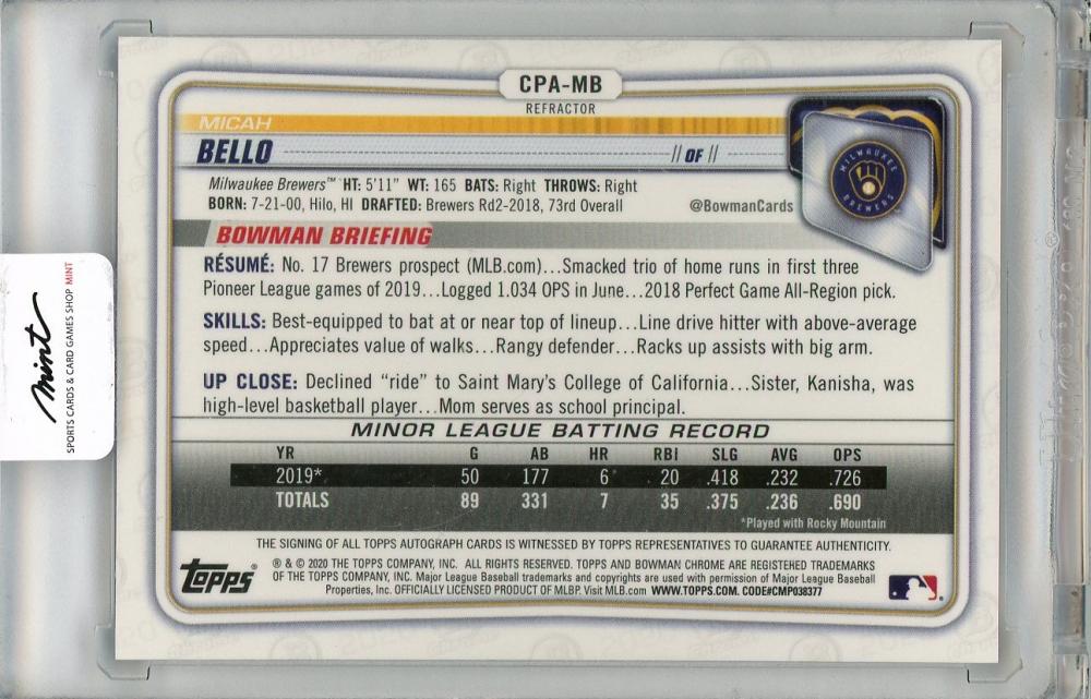 ミントモール / MINT 三宮店 / 2020 Topps Bowman Chrome Micah Bello Autographs 002/499